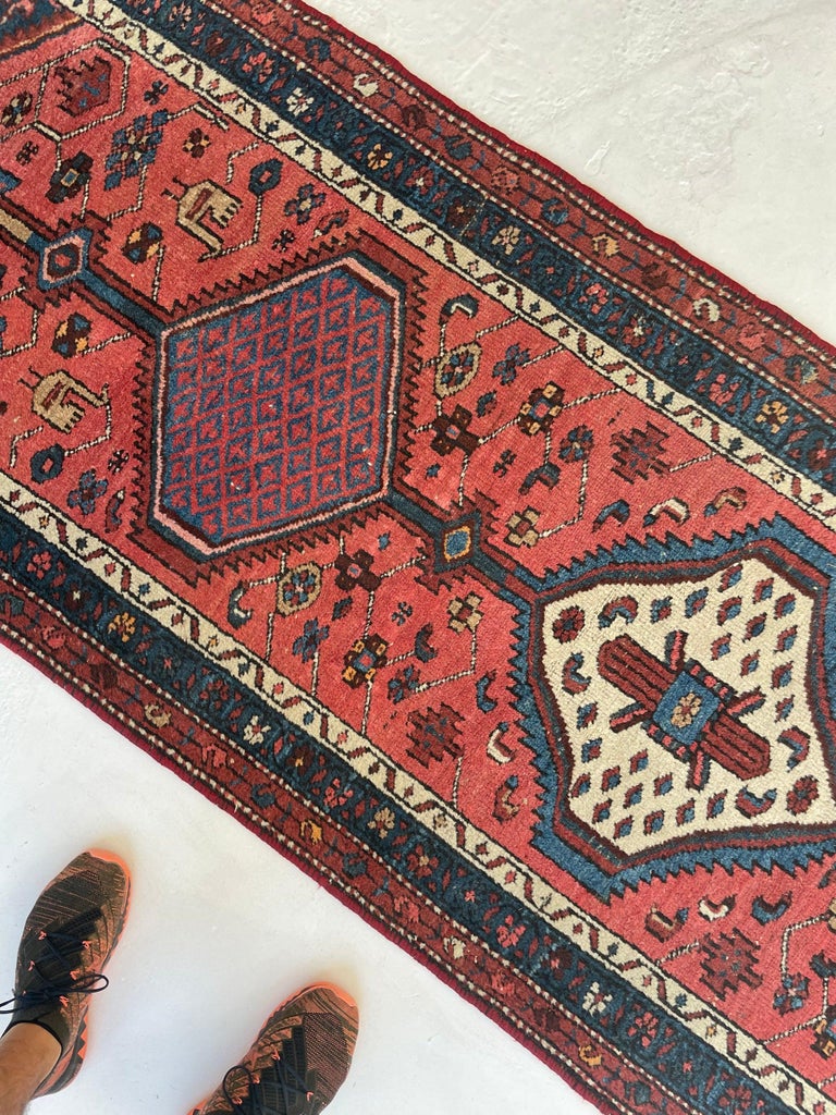 Antique Tribal Runner with Watermelon and Midnight Blue Colors, circa ...