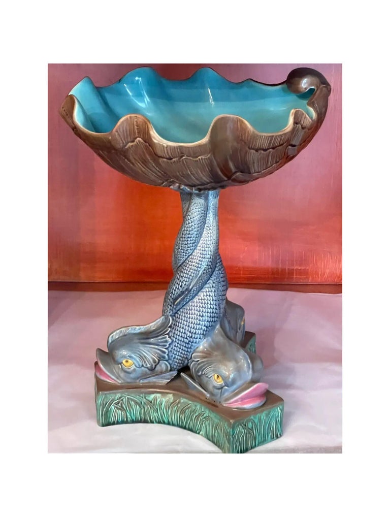 Antique Triple Dolphin Majolica Pottery Centerpiece Bowl, 19th Century ...