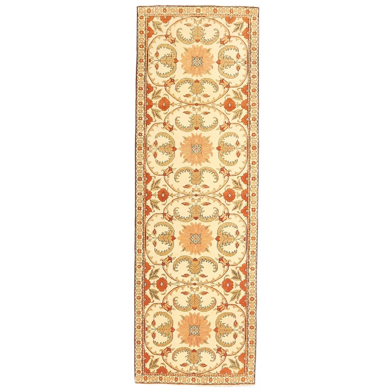 Antique Turkish Agra Runner Rug with Beige and Orange Botanical Details ...