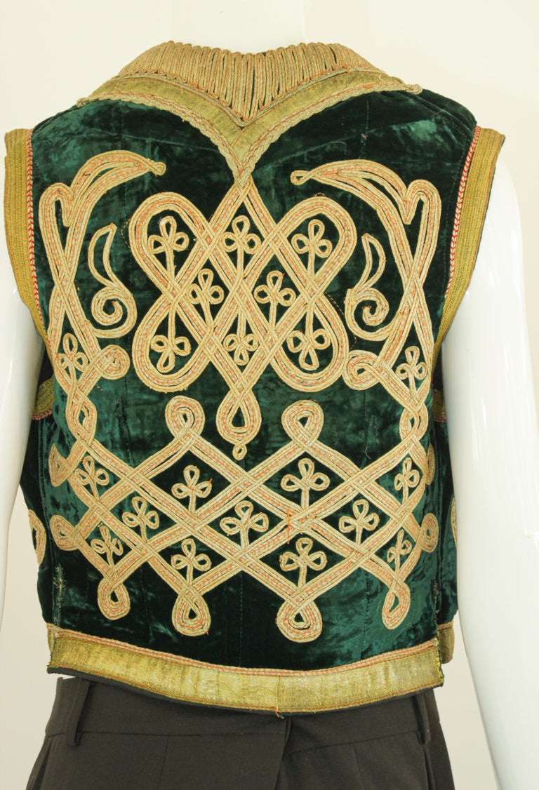 Antique Turkish Green and Gold Thread Embroidered Vest For Sale at 1stDibs
