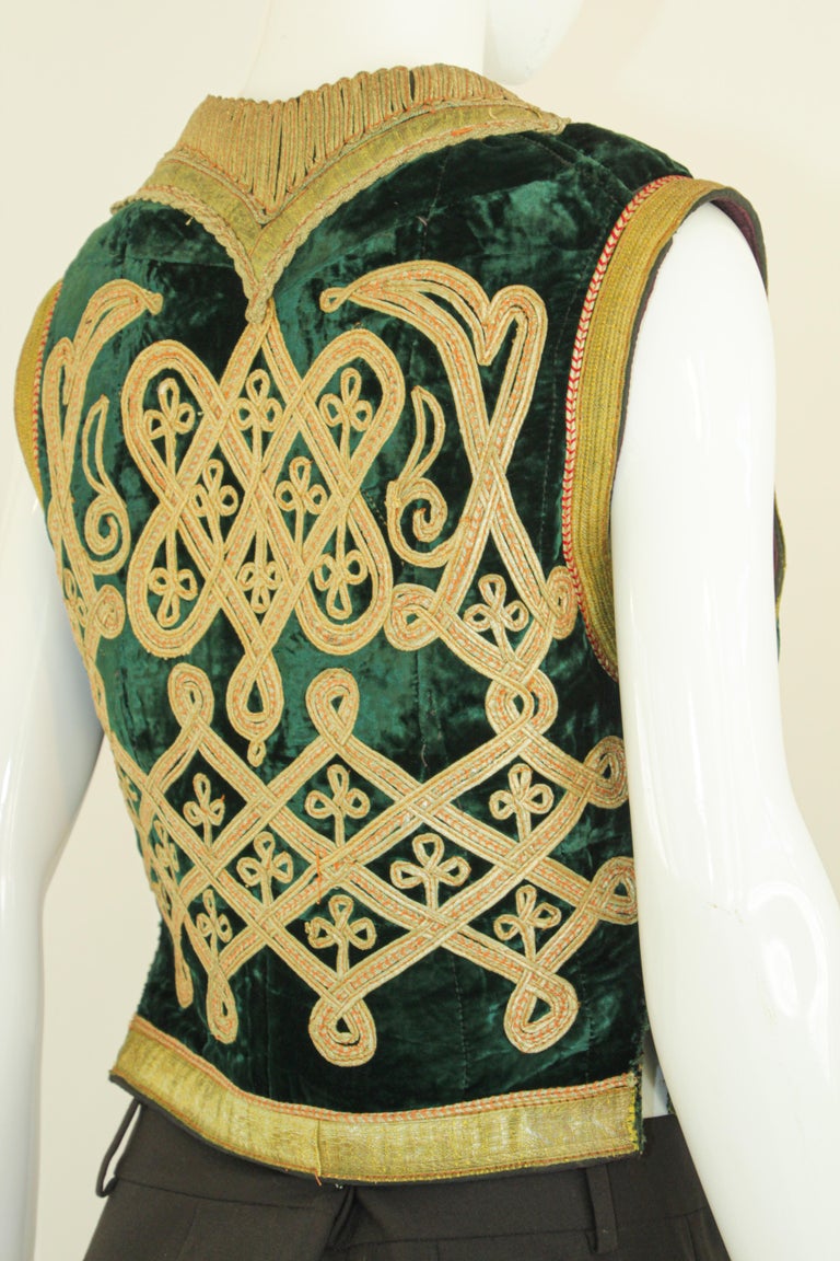 Antique Turkish Green and Gold Thread Embroidered Vest For Sale at 1stDibs