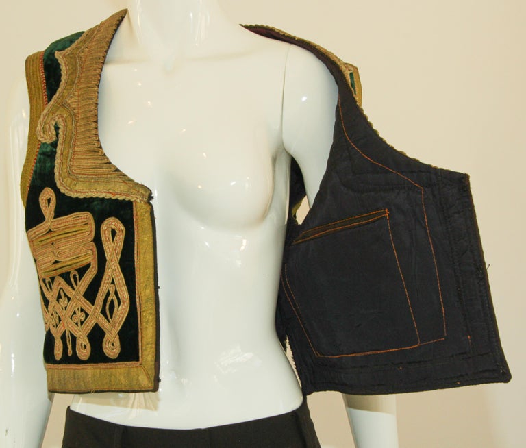 Antique Turkish Green and Gold Thread Embroidered Vest For Sale at 1stDibs