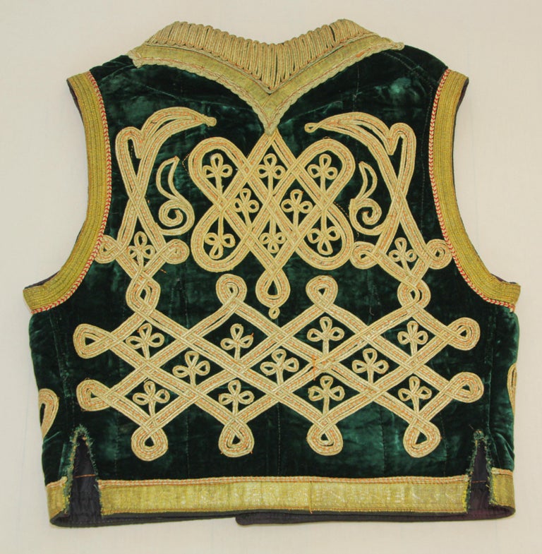 Antique Turkish Green and Gold Thread Embroidered Vest For Sale at 1stDibs