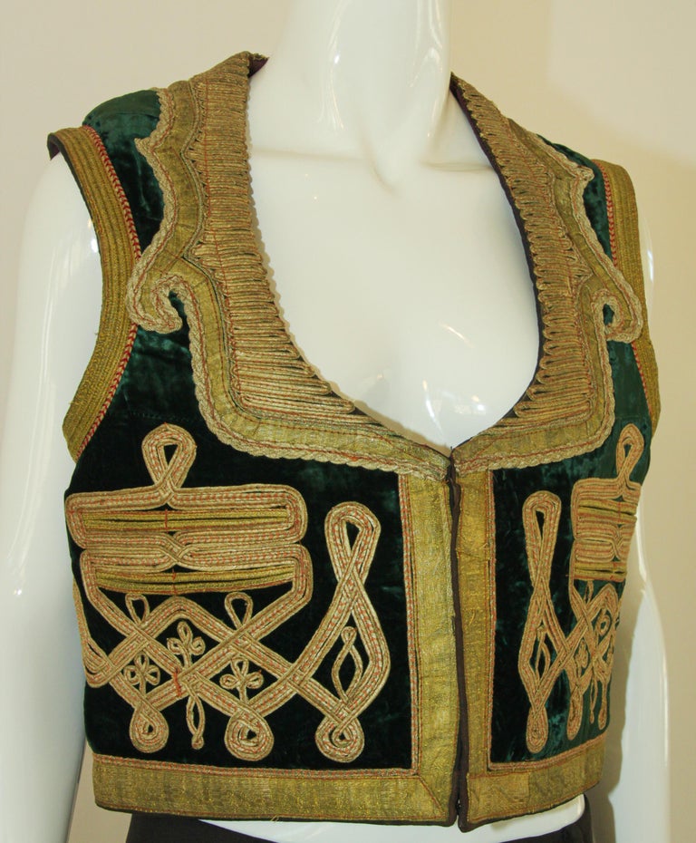 Antique Turkish Green and Gold Thread Embroidered Vest For Sale at 1stDibs