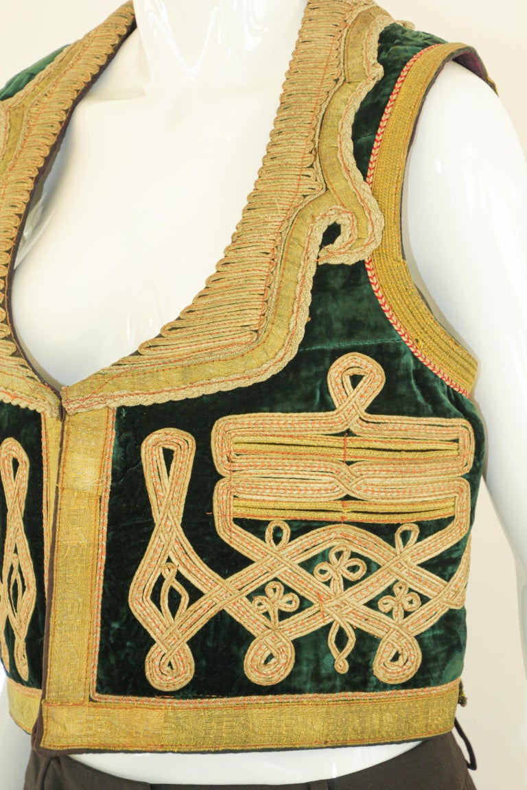 Antique Turkish Green and Gold Thread Embroidered Vest For Sale at 1stDibs
