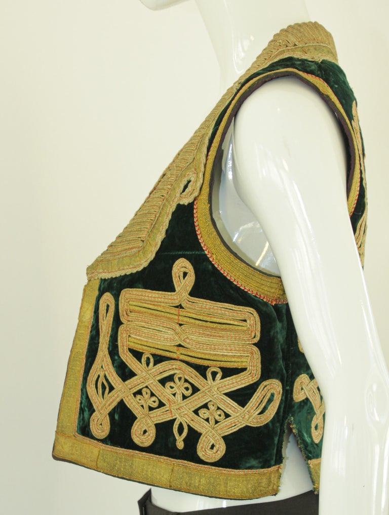 Antique Turkish Green and Gold Thread Embroidered Vest For Sale at 1stDibs