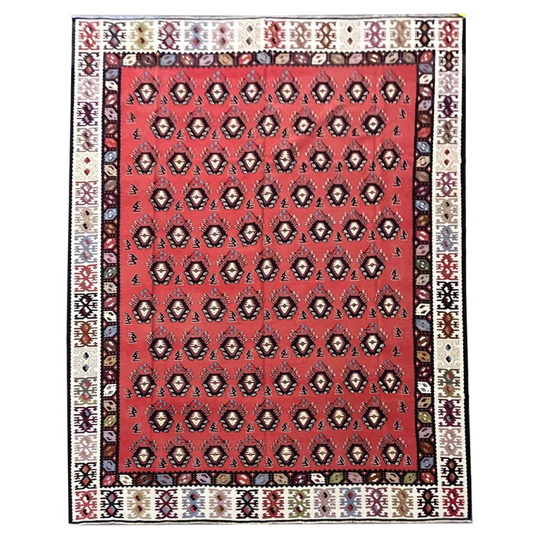 Antique Turkish Kilim Rug Handmade Modern Red Striped Pirot Kilims For ...