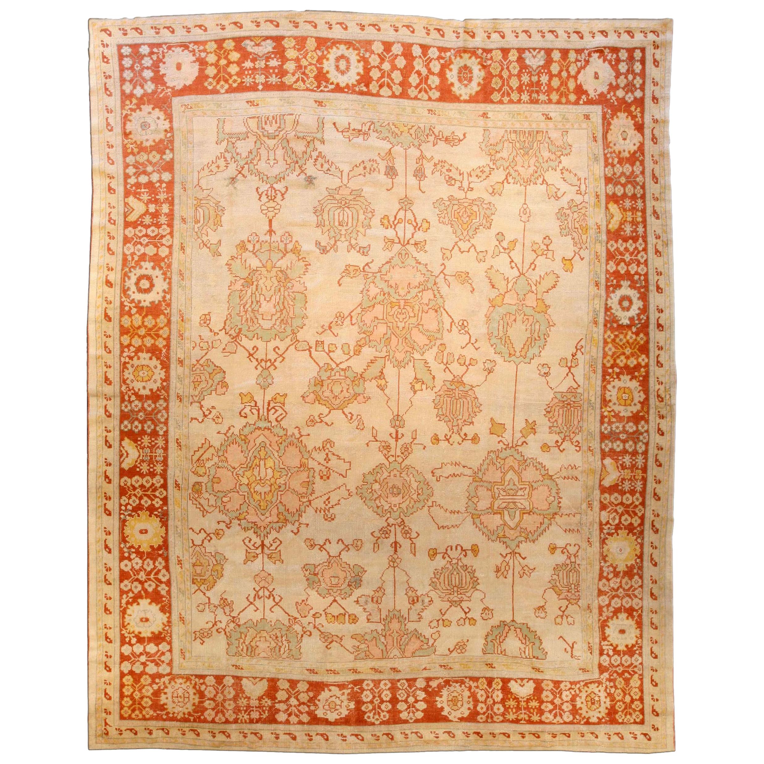 Antique Oushak Carpet, Beige Field, Persian Style For Sale at 1stDibs
