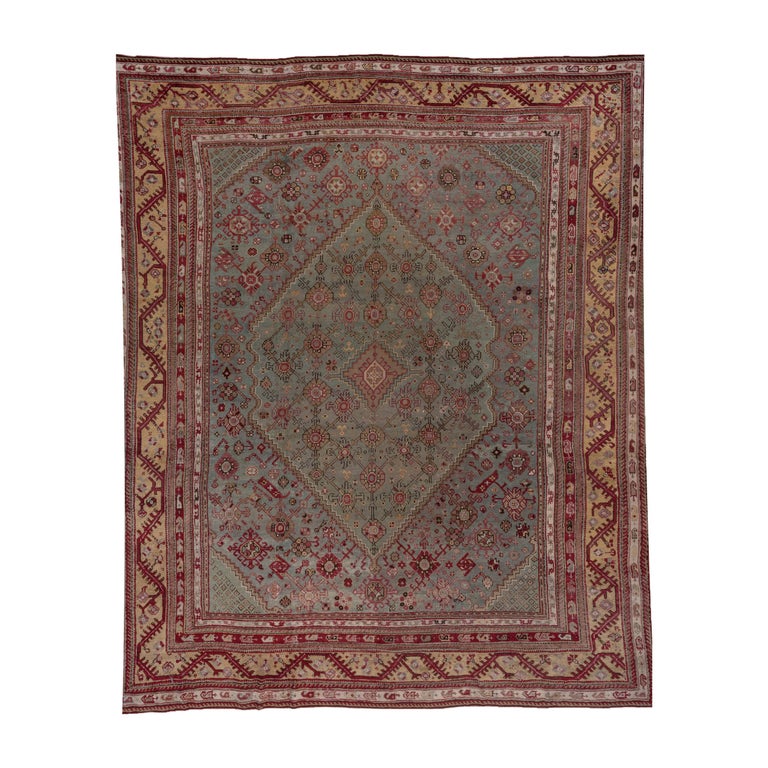 Antique Turkish Oushak Carpet, Light Blue Field, Citron Border and Plum ...