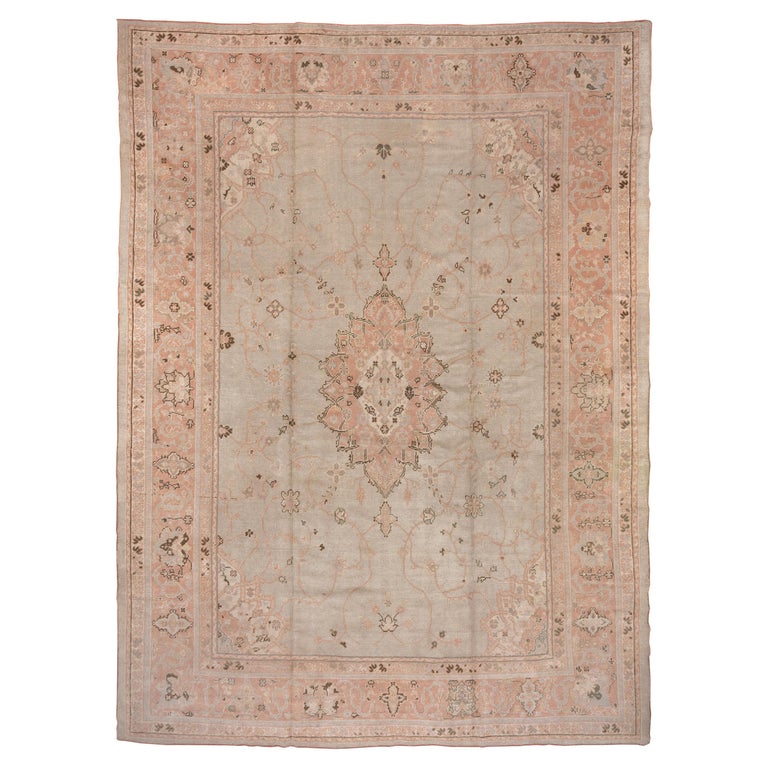 Antique Turkish Oushak Carpet, Soft Gray Field and Light Pink Borders ...