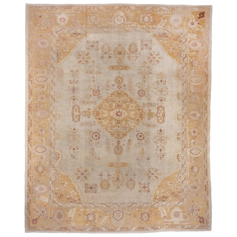 Antique Turkish Oushak Mansion Rug, Light Beige Field, Yellow Gold ...