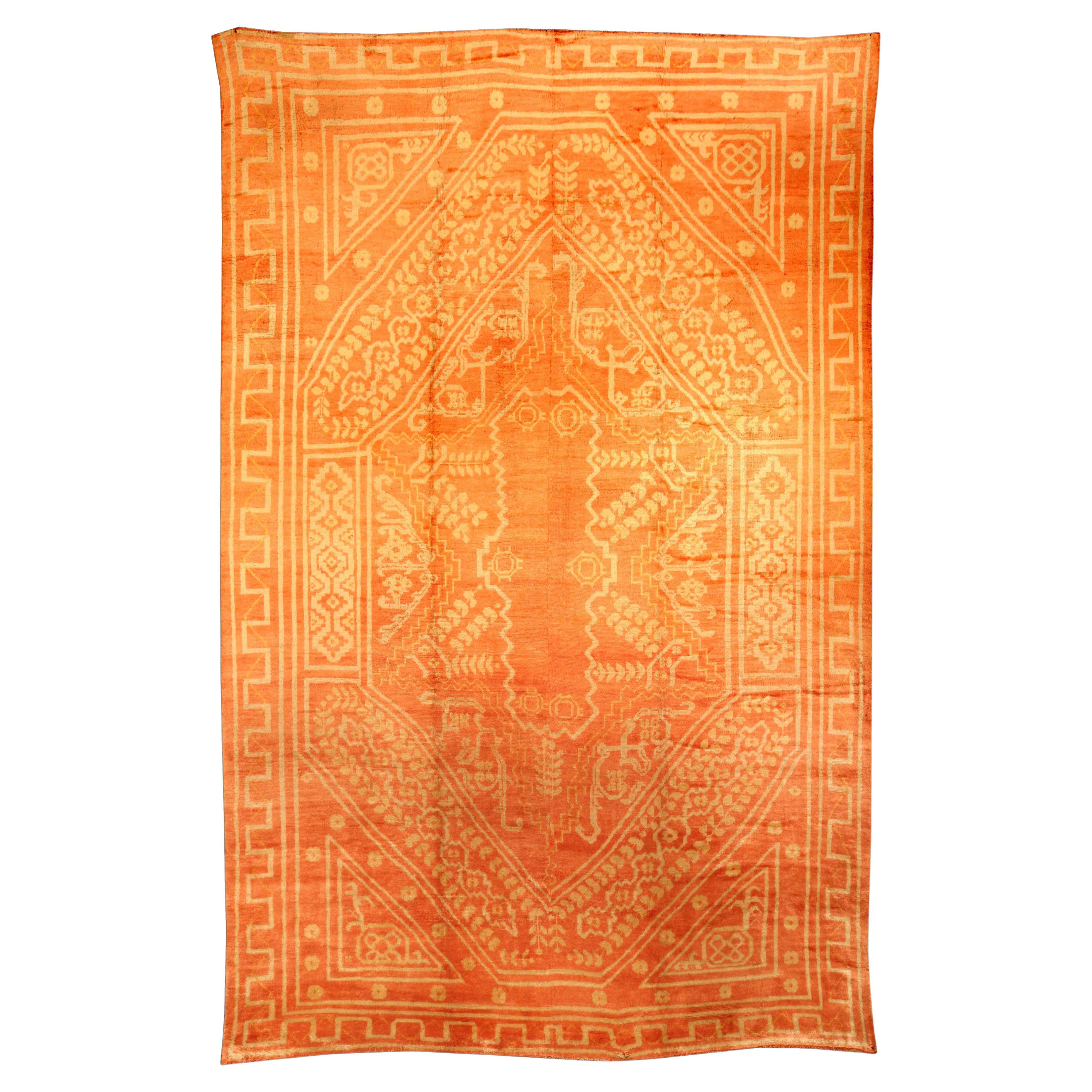 Antique 18th Century Oushak Traditional Orange and Blue Wool Rug For ...