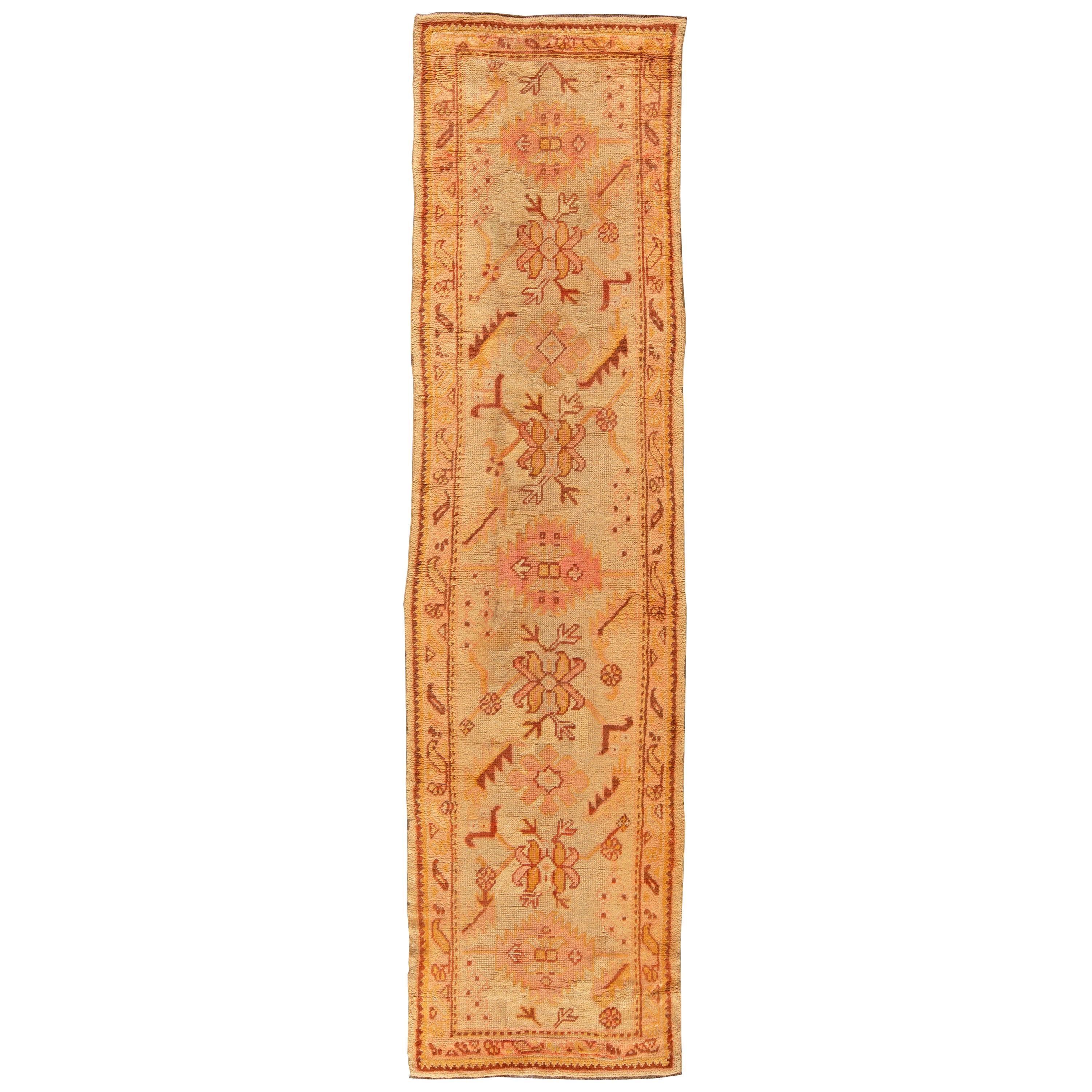Semi Antique Handmade Coral Color Wool Turkish Oushak Runner Rug For ...