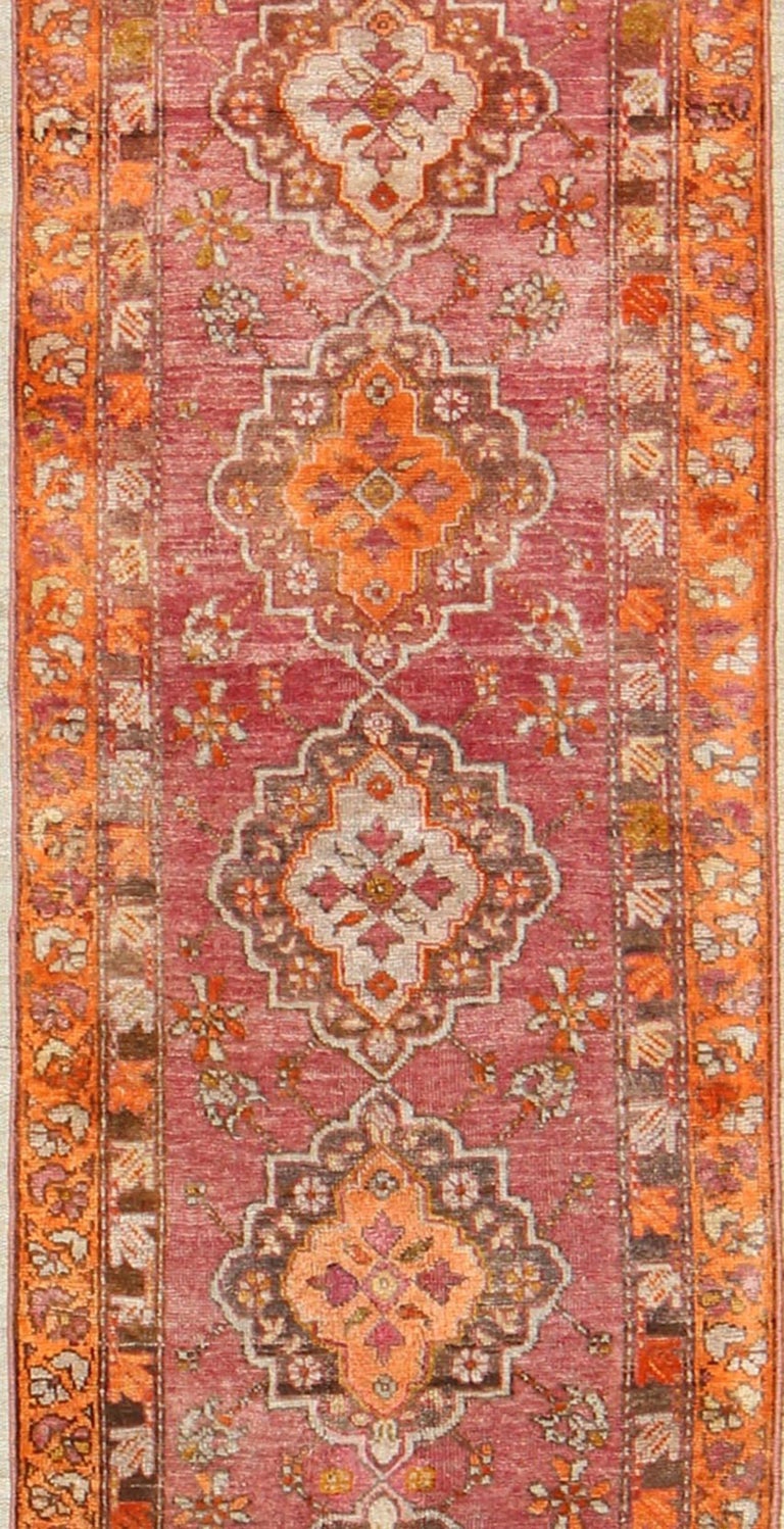 Antique Turkish Oushak Runner with Layered Floral Medallions and Ornate ...