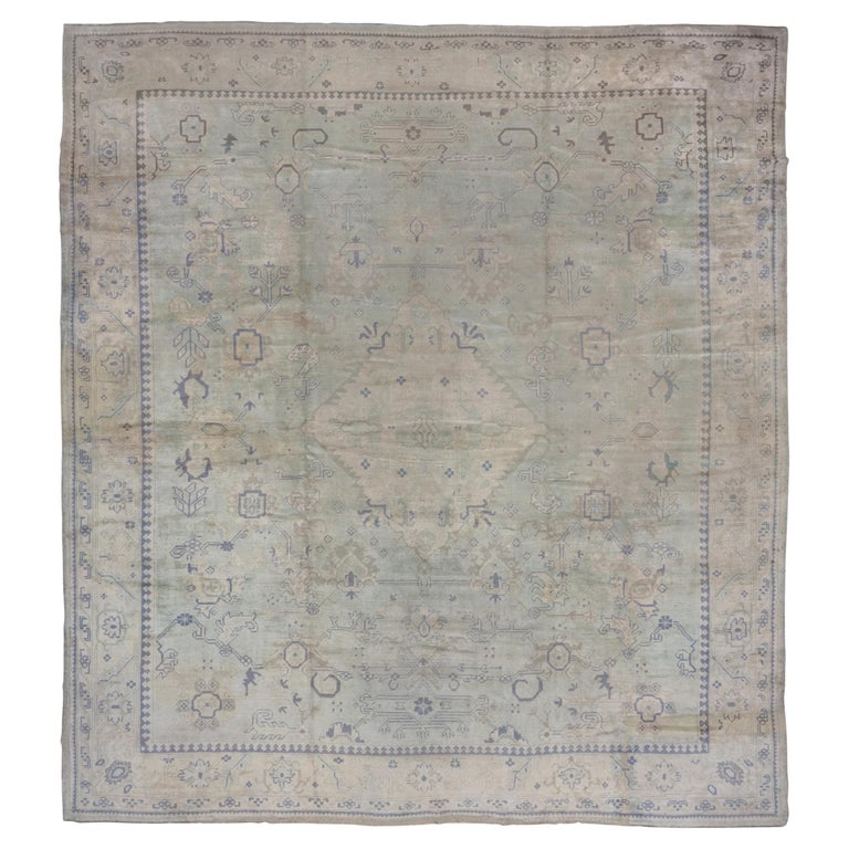 Antique Turkish Oushak Square Rug, Light Sage and Mint Green Field ...