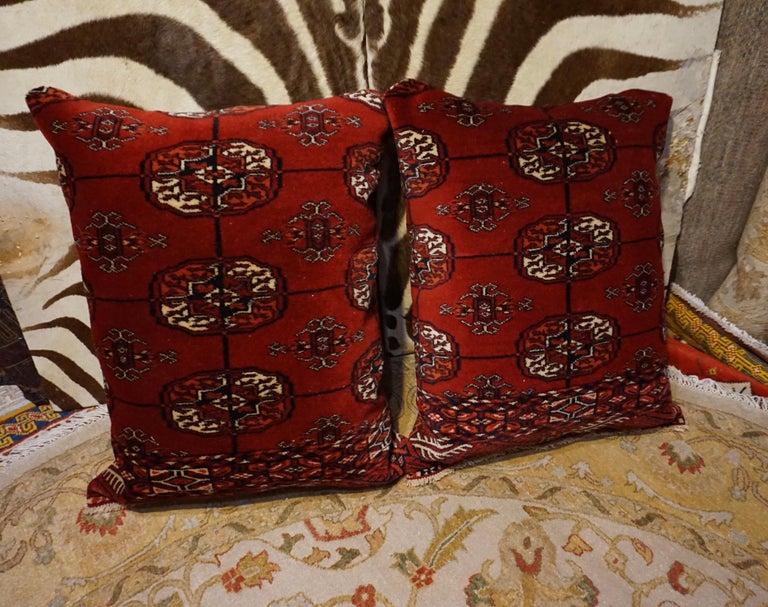 Antique Turkmen Bokhara Hand Knotted Sewn Large Pair of Cushions For ...