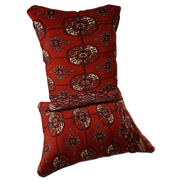 Antique Turkmen Bokhara Hand Knotted Sewn Large Pair of Cushions For ...