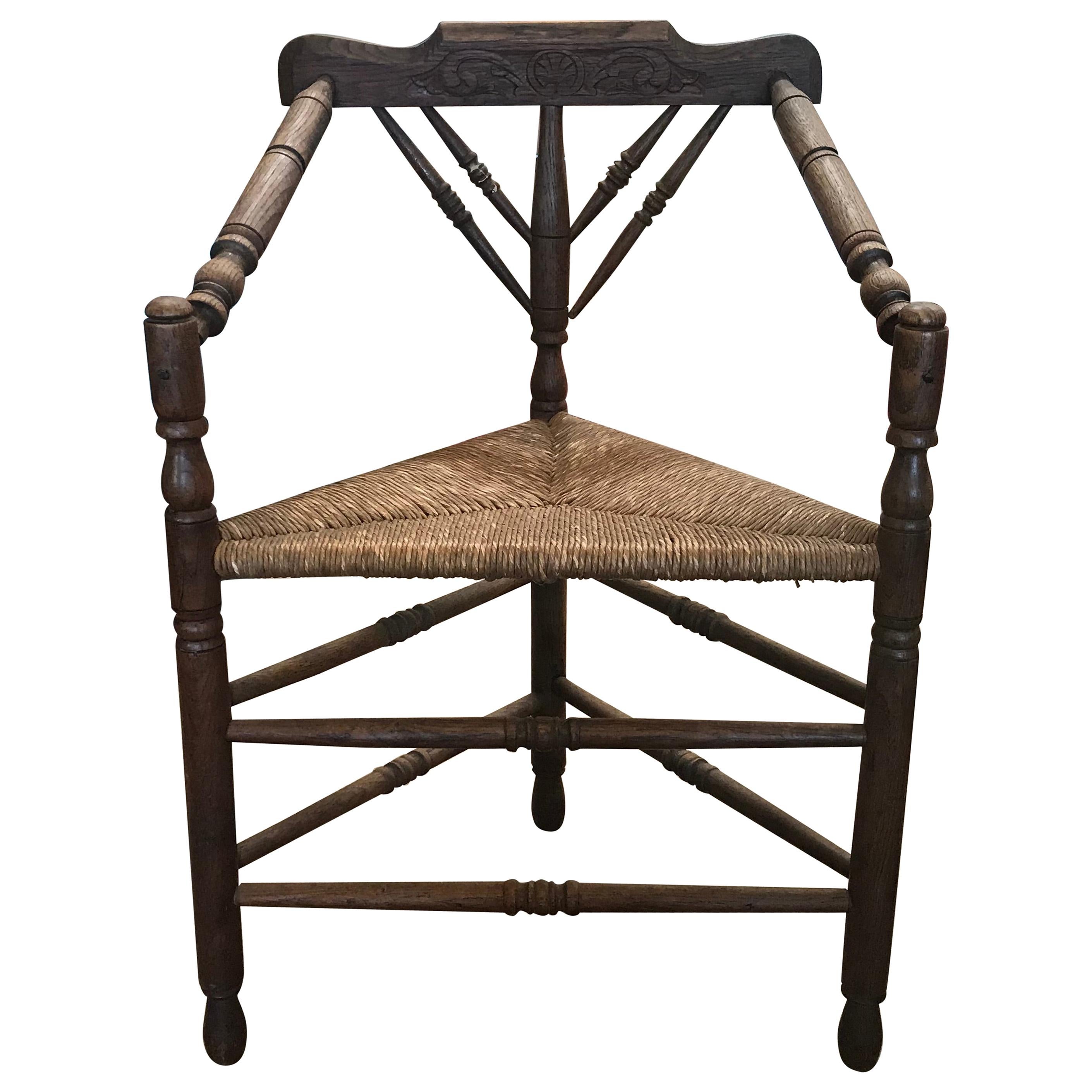 Antique Turned Wood Corner Chair with Rush Seat at 1stDibs