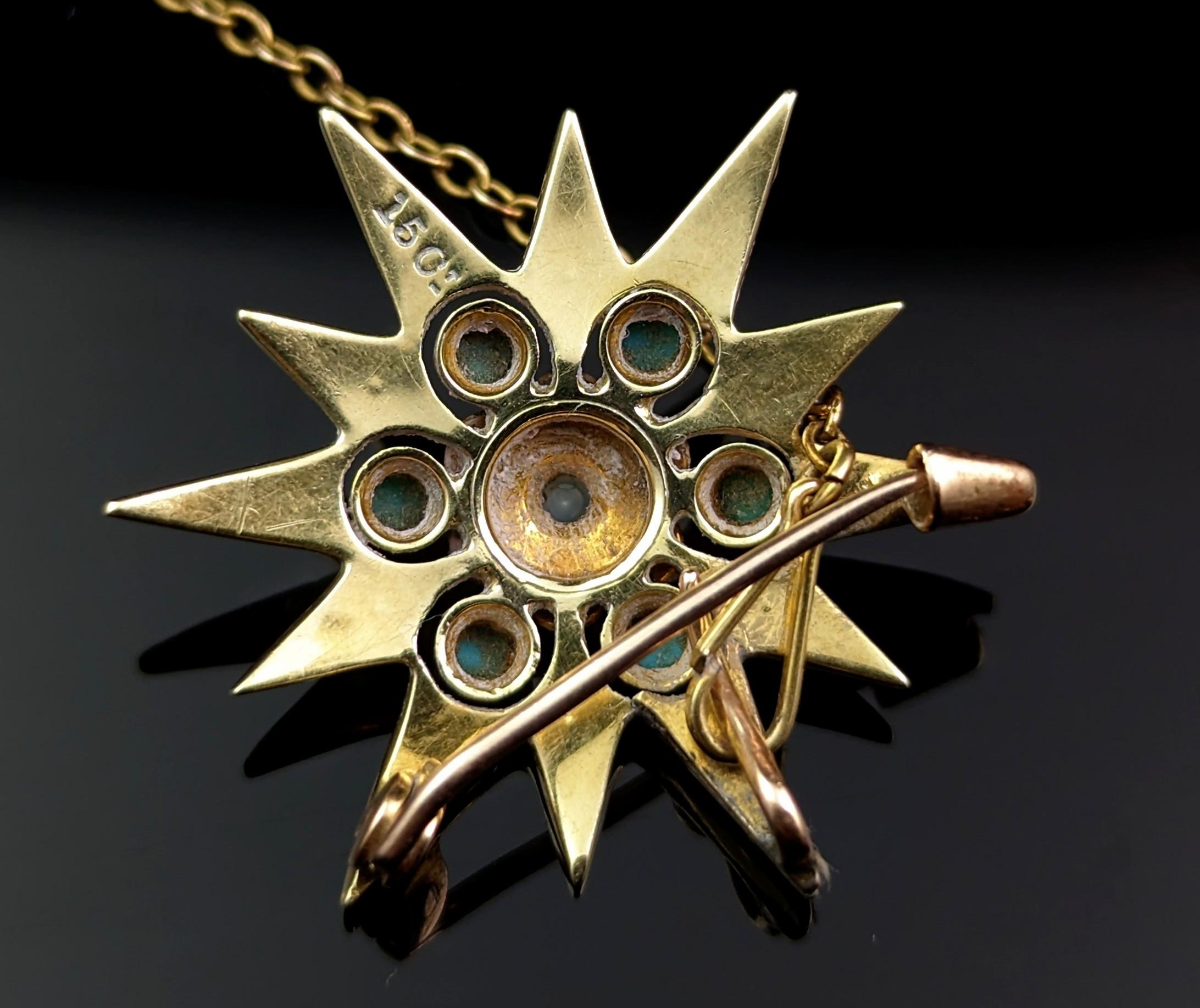 Antique Turquoise and Pearl Star Pendant Brooch, 15k Yellow Gold at ...