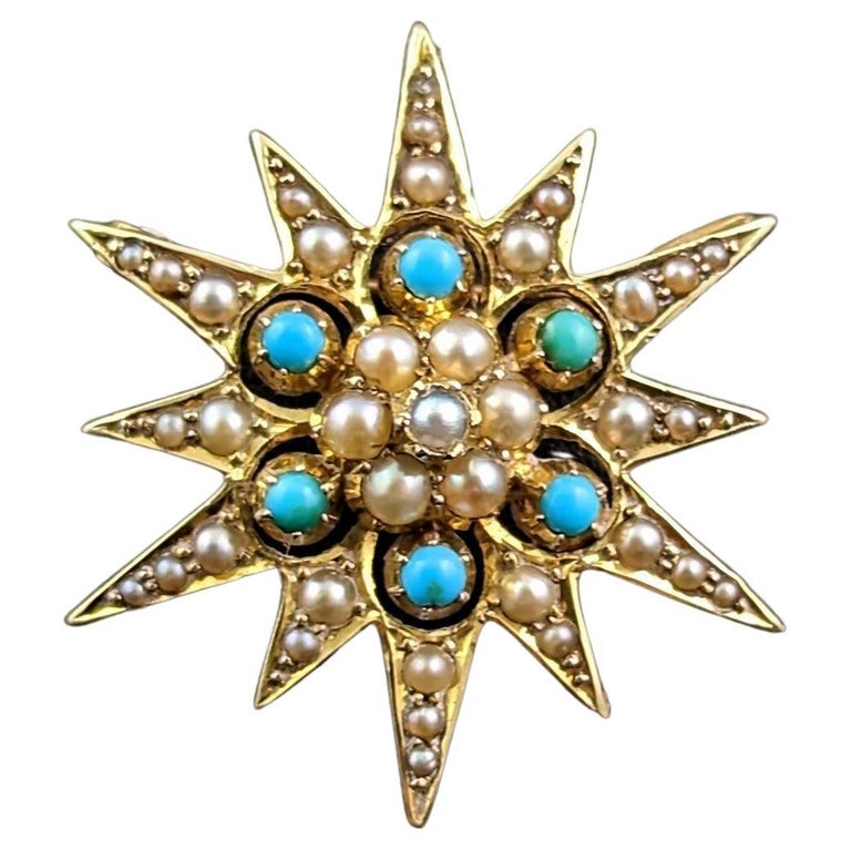 Antique Turquoise and Pearl Star Pendant Brooch, 15k Yellow Gold For ...