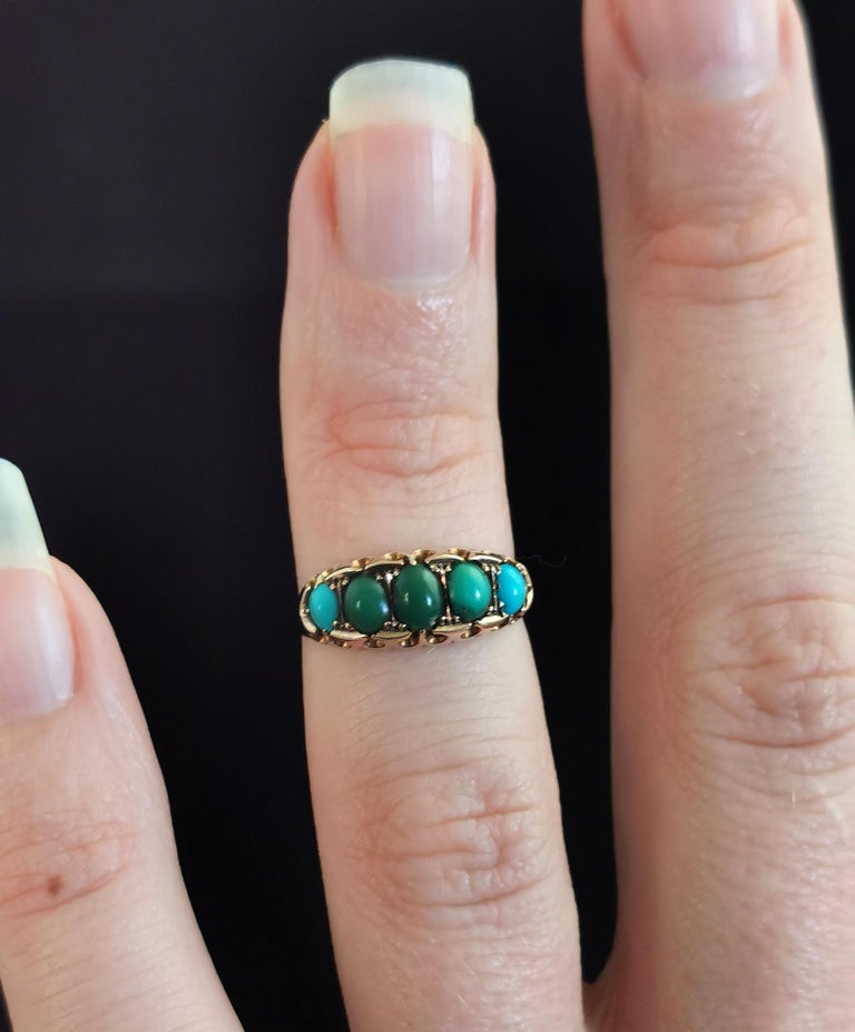 Antique Turquoise Five Stone Ring, 9k Rose Gold For Sale at 1stDibs