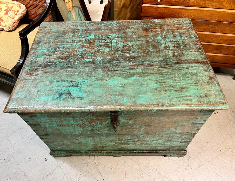 Antique Turquoise Painted Box Trunk For Sale at 1stDibs