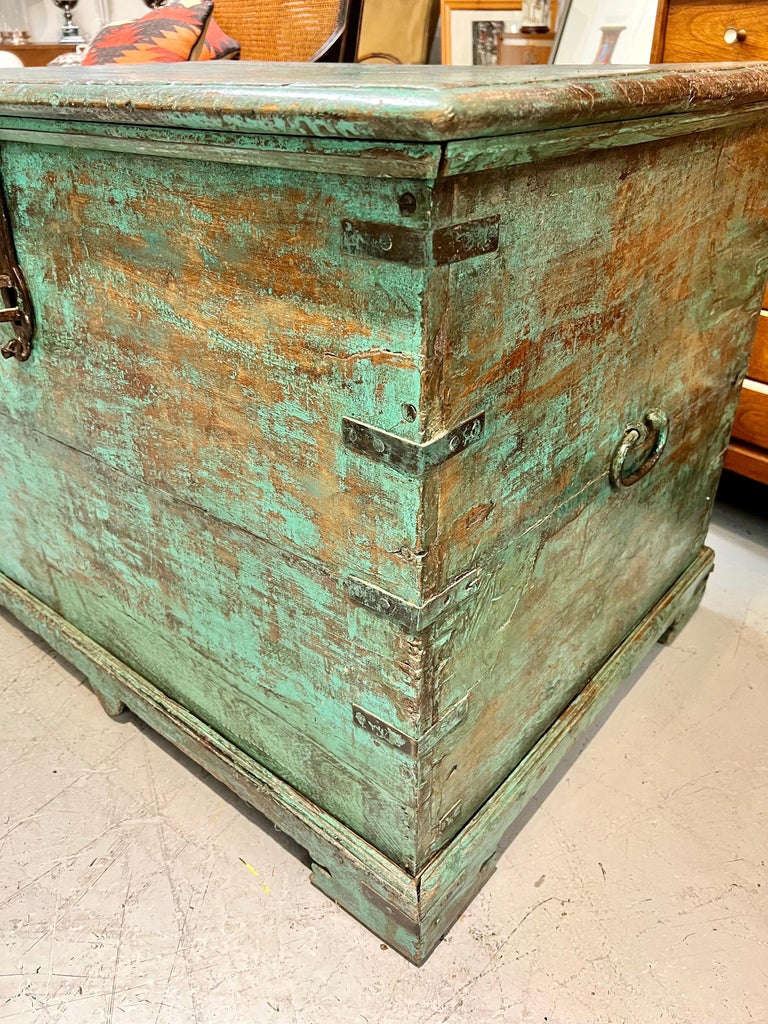 Antique Turquoise Painted Box Trunk For Sale at 1stDibs