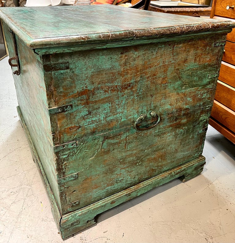 Antique Turquoise Painted Box Trunk For Sale at 1stDibs
