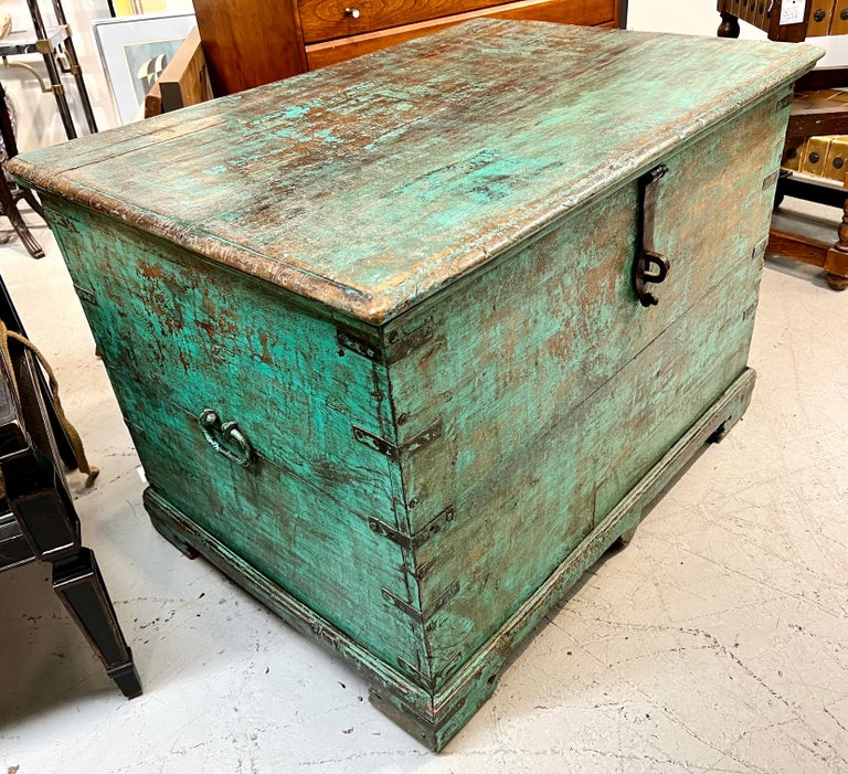 Antique Turquoise Painted Box Trunk For Sale at 1stDibs