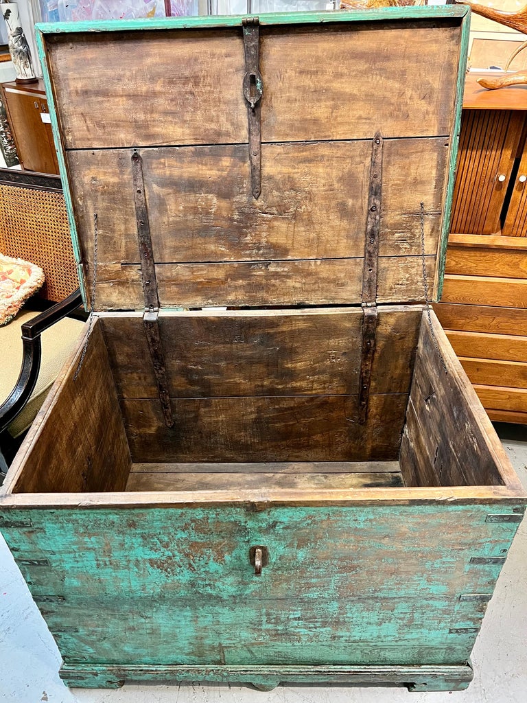 Antique Turquoise Painted Box Trunk For Sale at 1stDibs