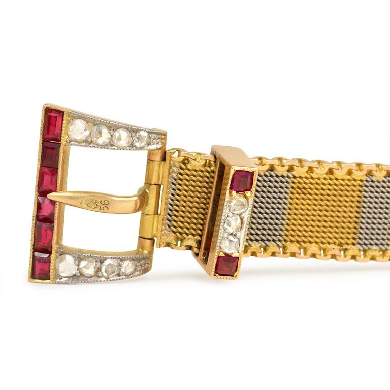 Antique Two-Color Woven Gold, Ruby and Diamond Belt Strap Bracelet For ...