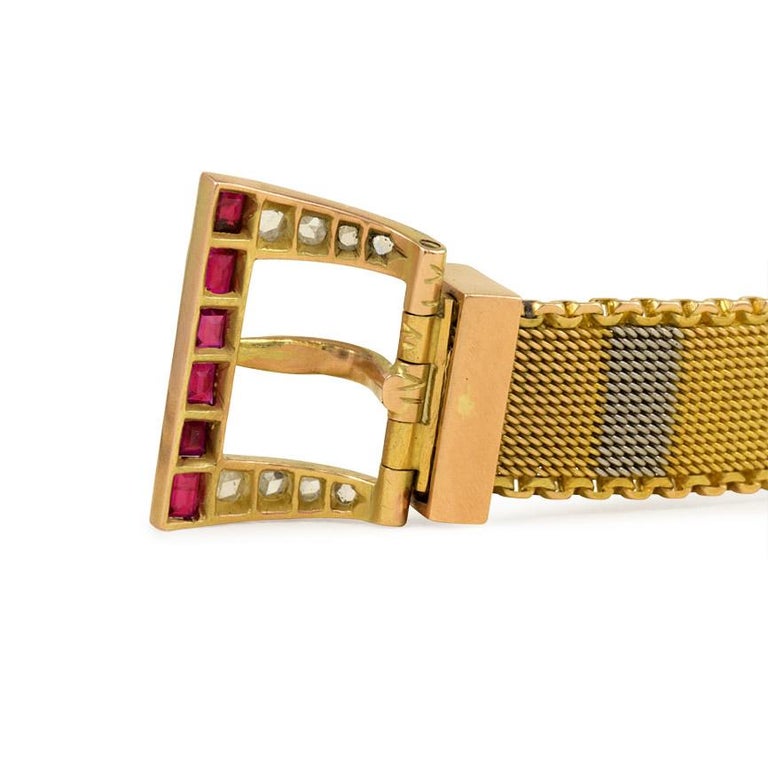 Antique Two-Color Woven Gold, Ruby and Diamond Belt Strap Bracelet For ...