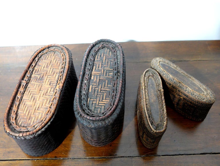 Antique Two Japanese Woven Bamboo Strip Boxes For Sale at 1stDibs