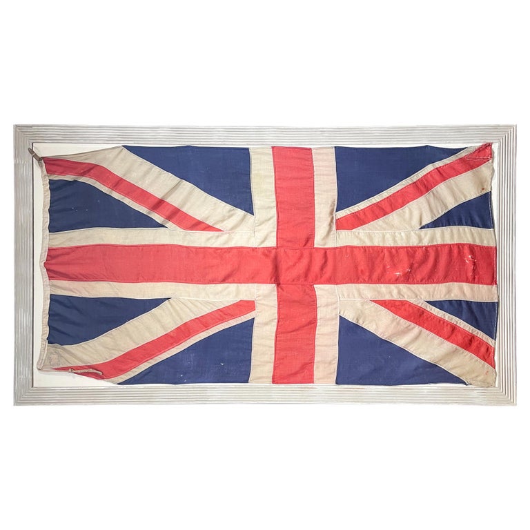 Antique Union Jack Flag in Greige Finished Fluted Wood Frame at 1stDibs