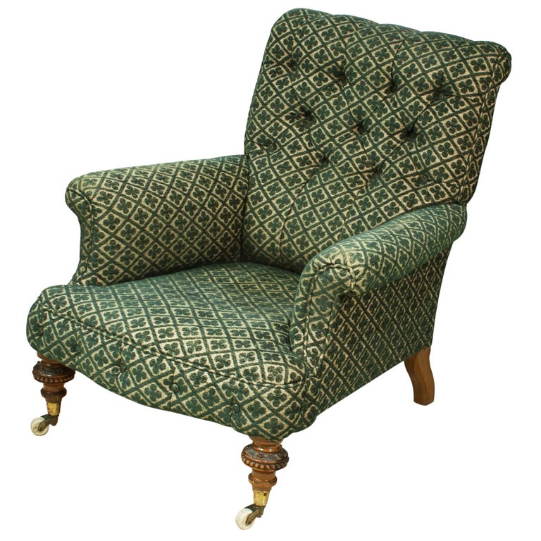 Antique Upholstered Howard Style Button Armchair at 1stDibs