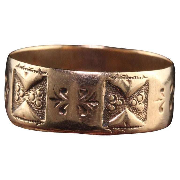 Antique Victorian 10K Yellow Gold Engraved Wide Band Wedding Ring For ...