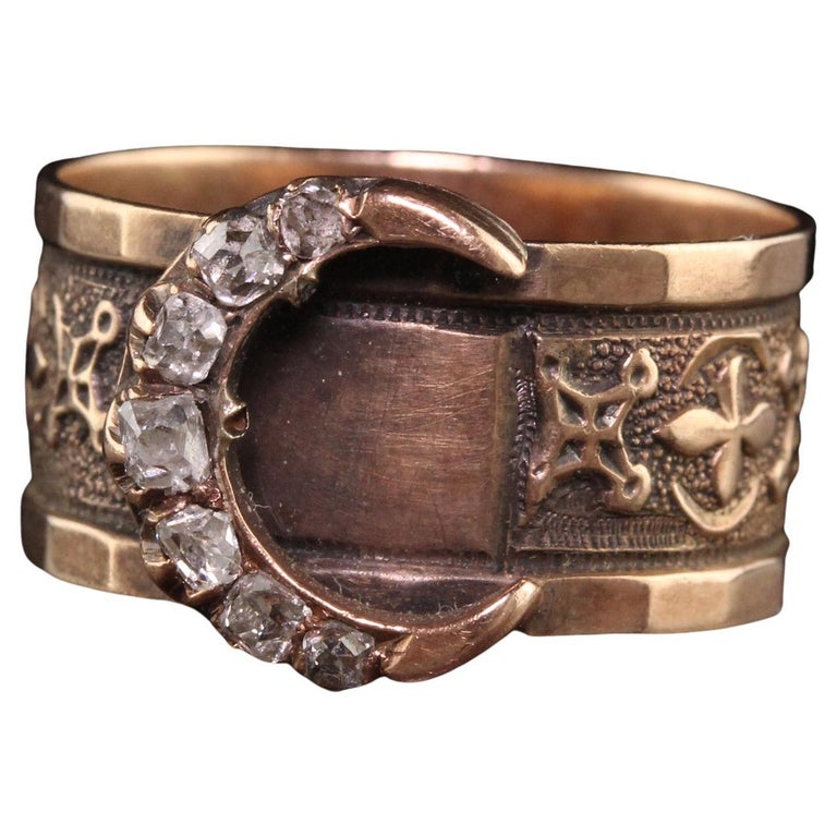 Antique Victorian 10K Yellow Gold Old Mine Diamond Crescent Ring For ...