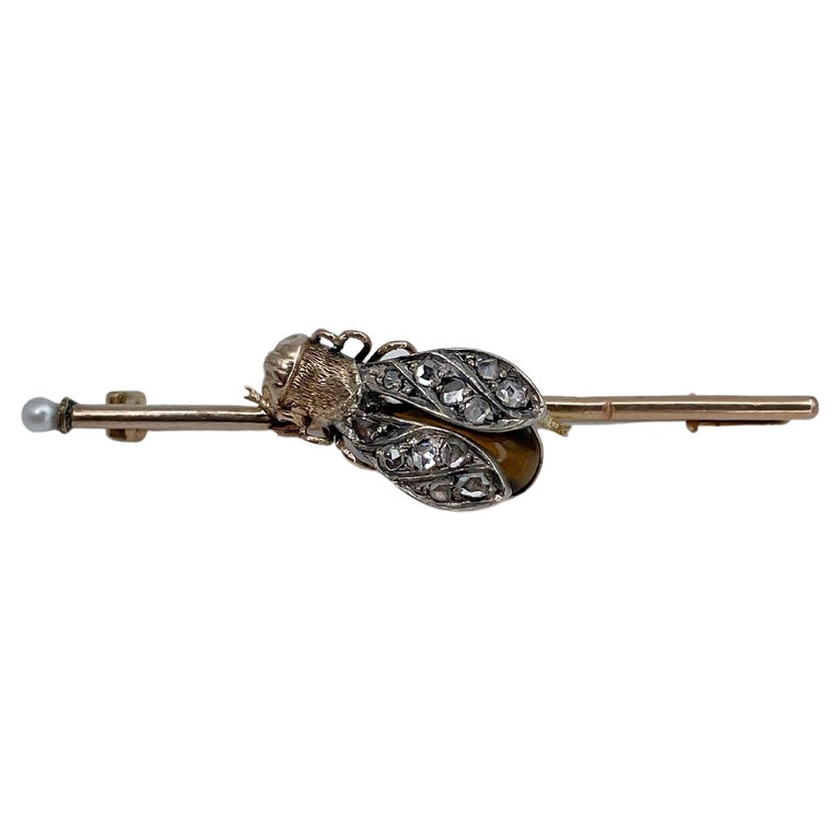 Victorian 14 Karat Gold Rose Cut Diamond Tigers Eye Insect Bar Brooch ...