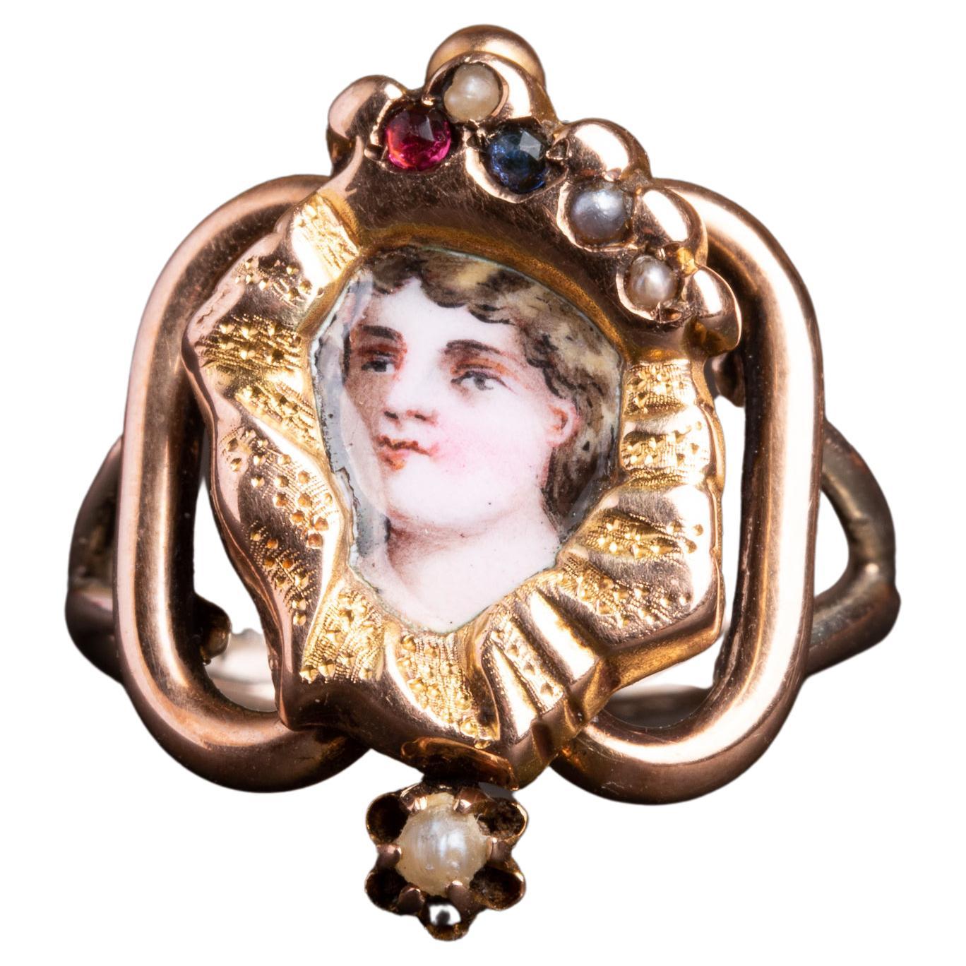 Antique Swiss Enamel Portrait Ring For Sale at 1stDibs