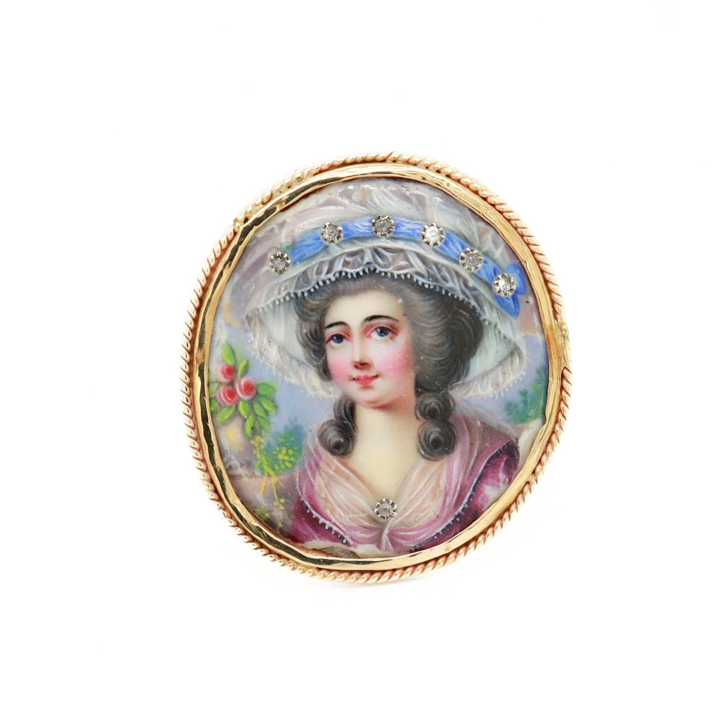 Antique Victorian 14K Gold, Diamond, and Porcelain Brooch For Sale at ...