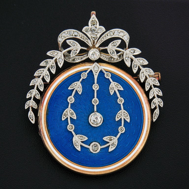 Antique Victorian 14k Gold and Plat Diamond Blue Enamel Wreath Locket ...