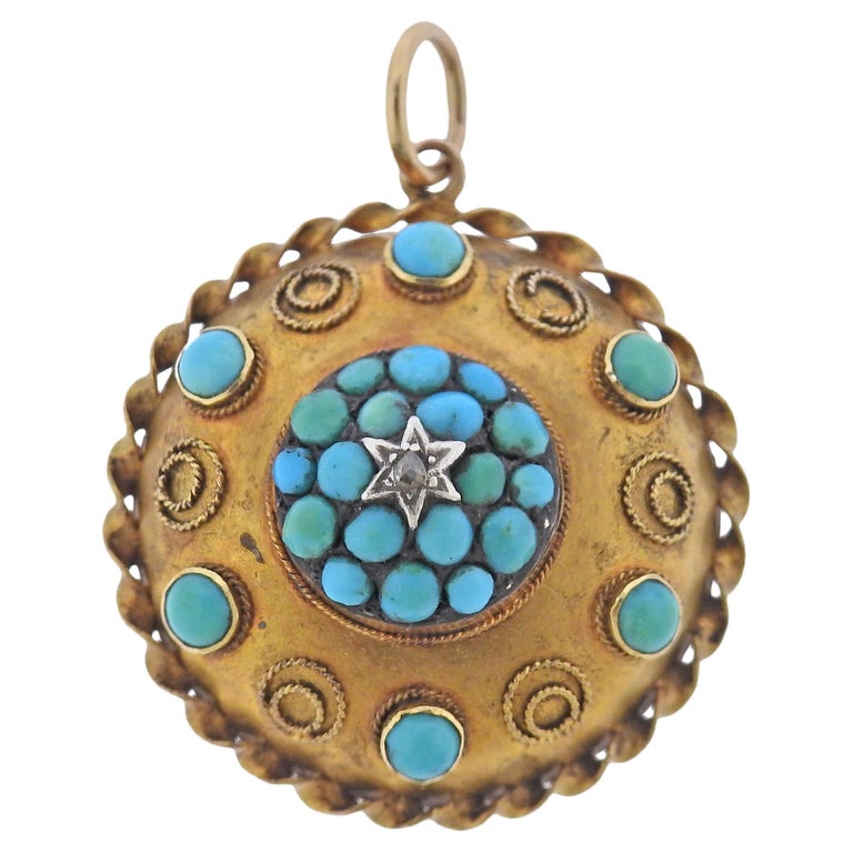 Antique Victorian 14k Gold Silver Turquoise Locket Pendant For Sale at ...