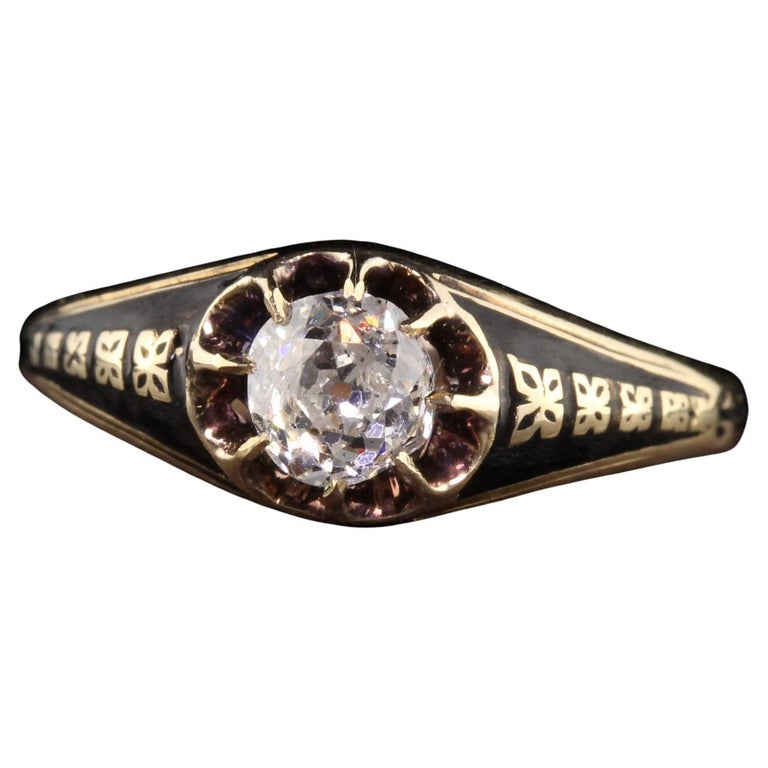 Antique Victorian 14K Yellow Gold Old Mine Diamond Enamel Engagement ...