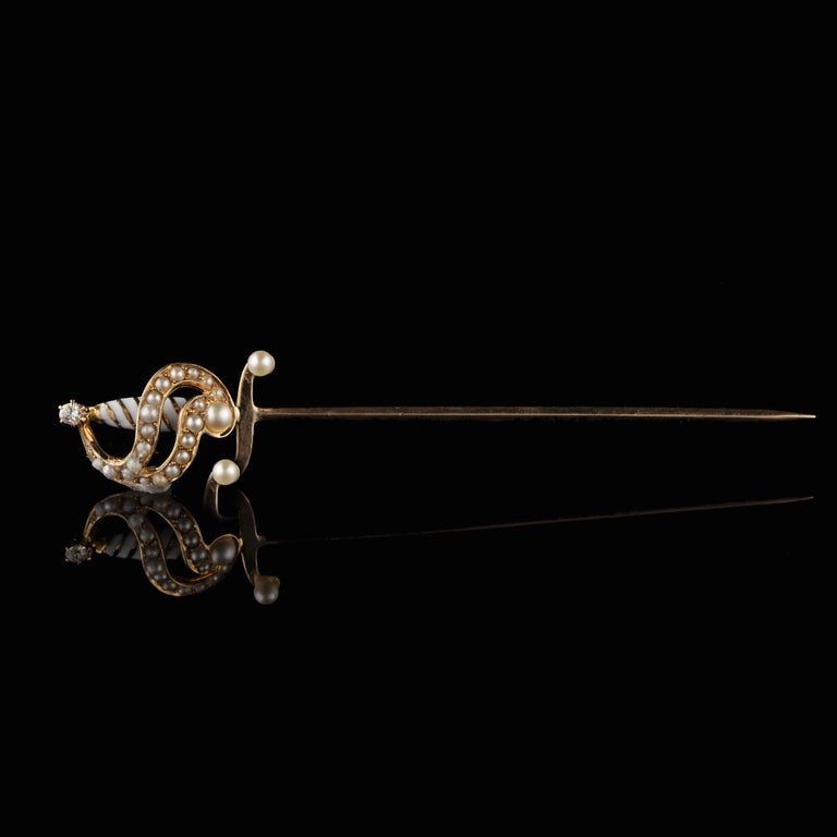 Antique Victorian 14 Karat Yellow Gold Pearl and Diamond Sword Pin For ...