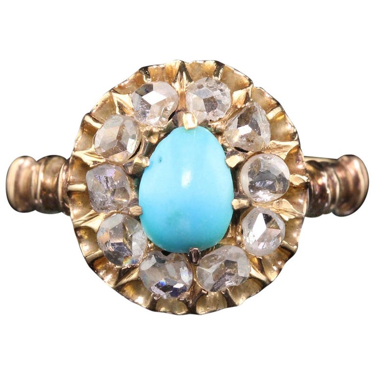 Antique Victorian 14 Karat Gold Turquoise and Rose Cut Diamond Cluster ...