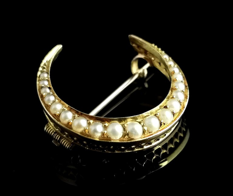 Antique Victorian 15k Gold and Pearl Crescent Moon Brooch at 1stDibs