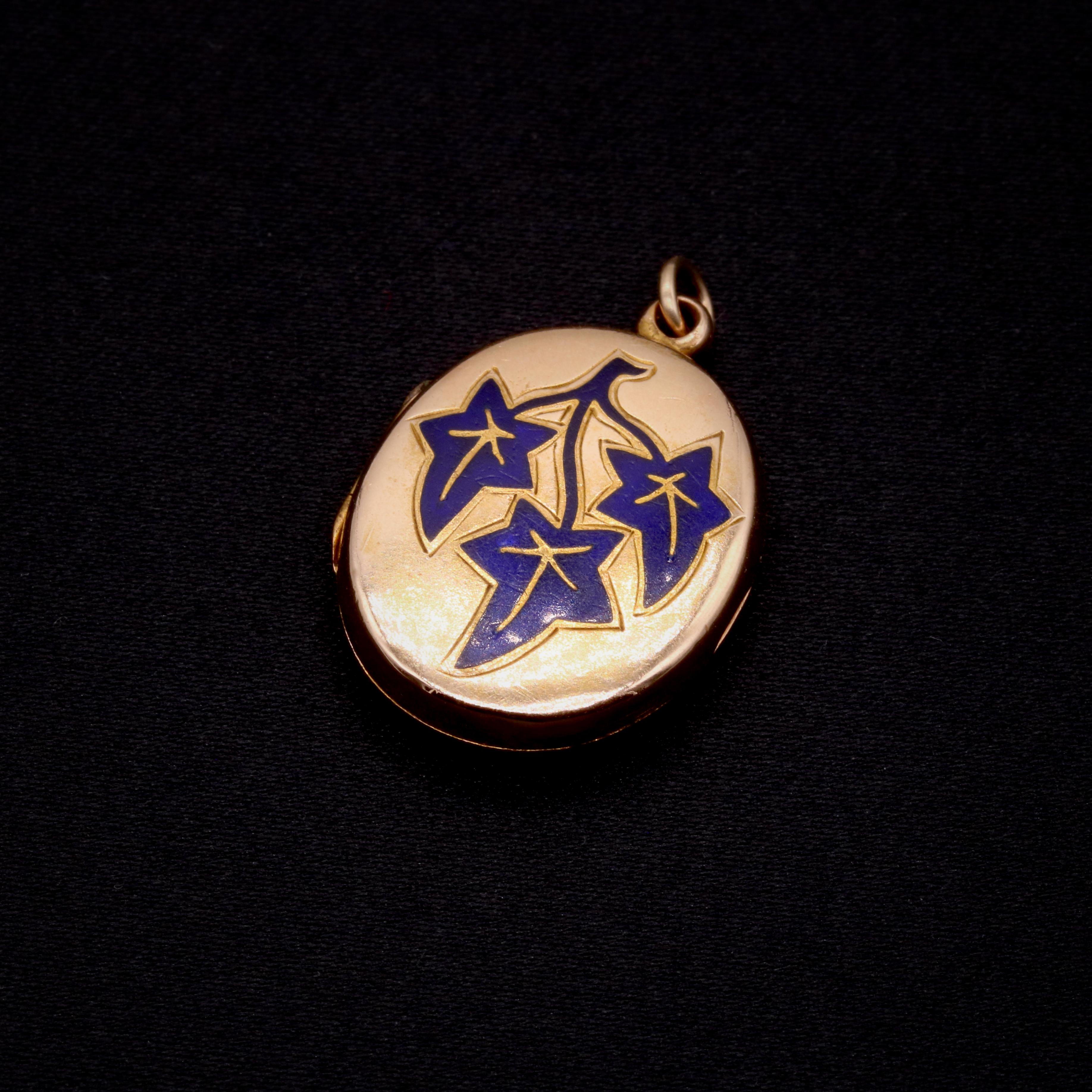 Antique Victorian 15K Yellow Gold Blue Enamel Ivy Leaf Buckle Locket ...