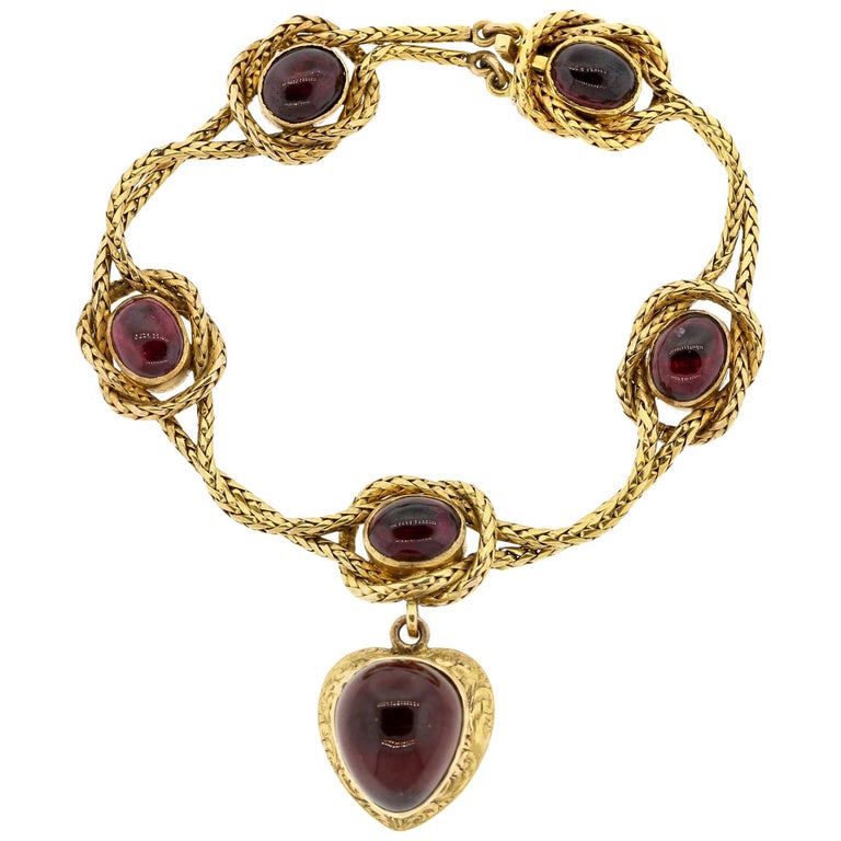 Antique Victorian 18 Karat Gold Carbuncle Garnet Heart Bracelet at ...