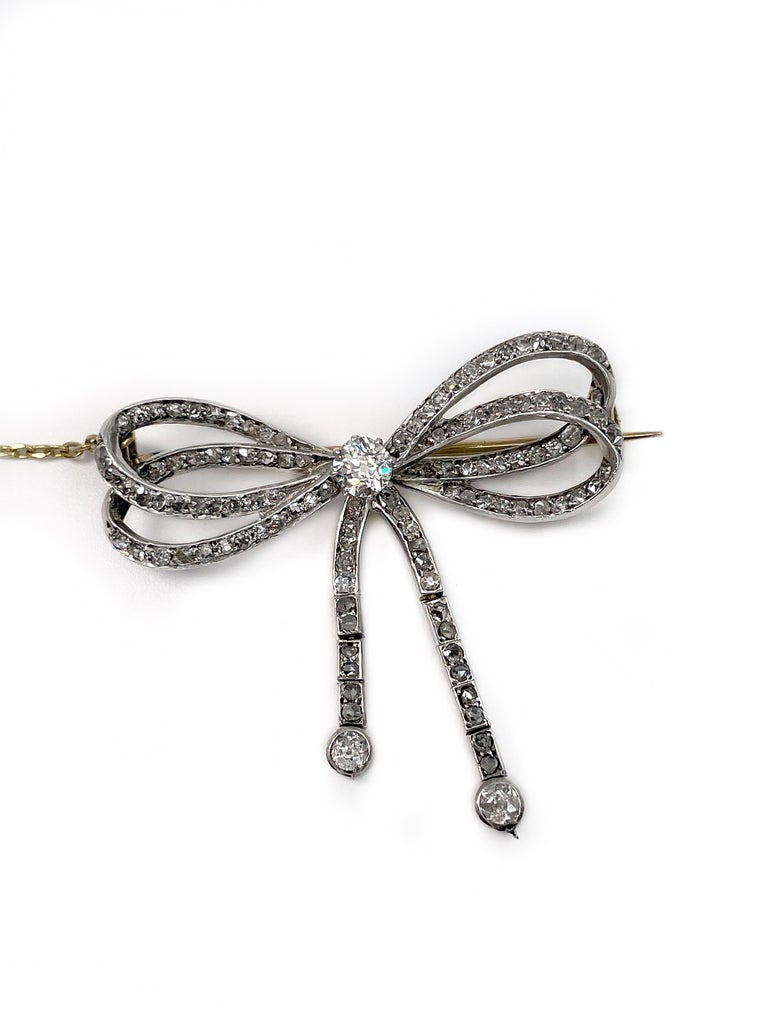 Antique Victorian 18 Karat Gold Rose Cut Diamond Bow Pin Brooch at 1stDibs