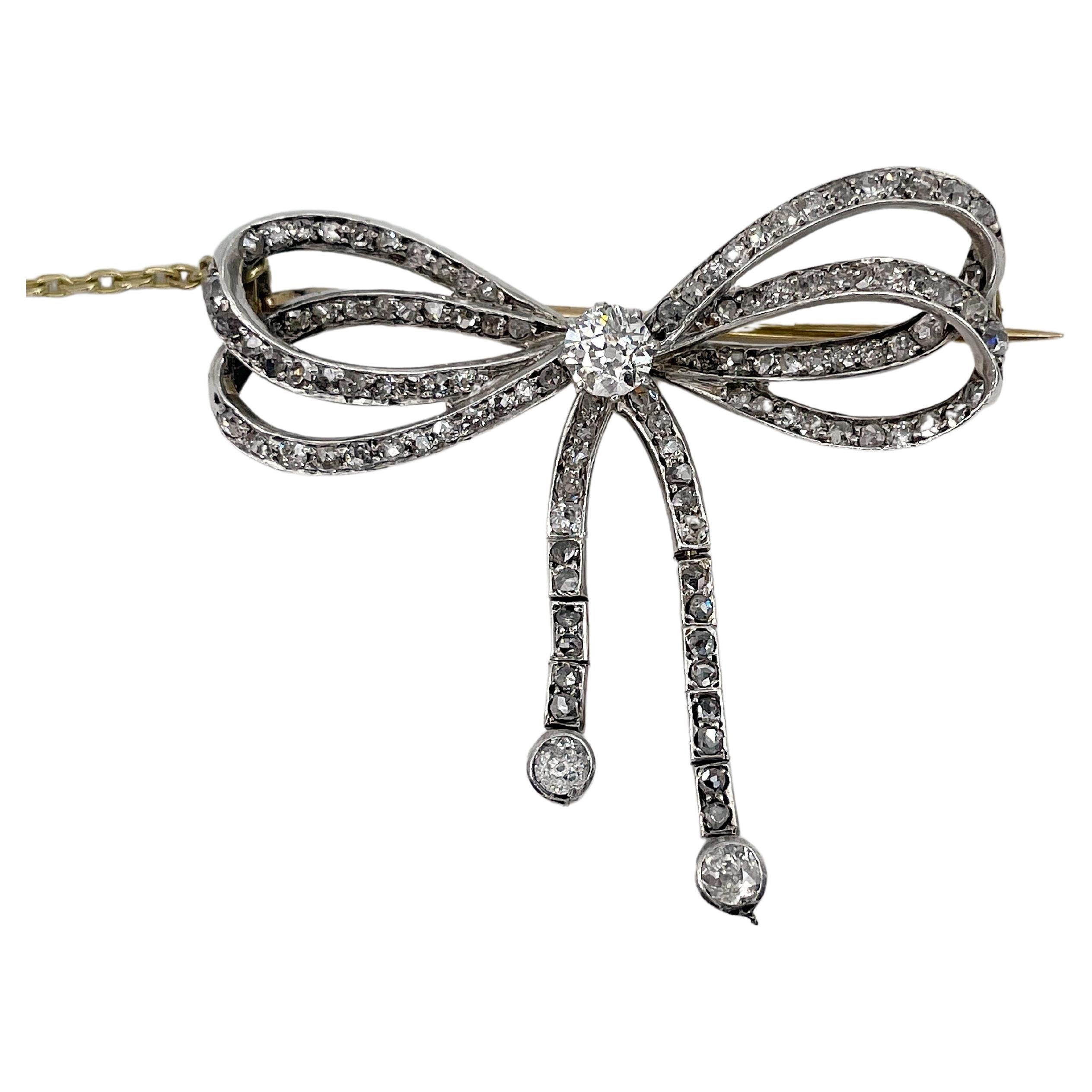 Gold Victorian Rose Cut Diamond Bow Brooch For Sale at 1stDibs